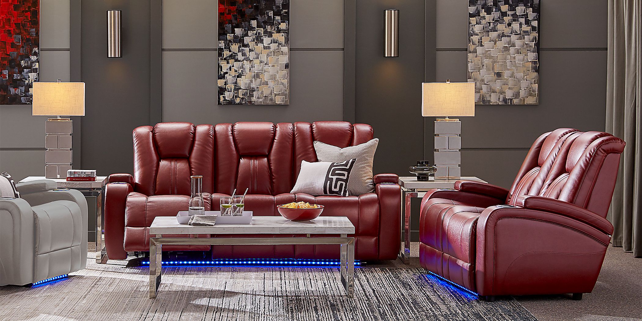 Kingvale Court 5 Pc Red Polyester Fabric Dual Power Reclining Living Room Set With Dual Power Reclining Sofa Stationary Loveseat 3 Pc Table Set