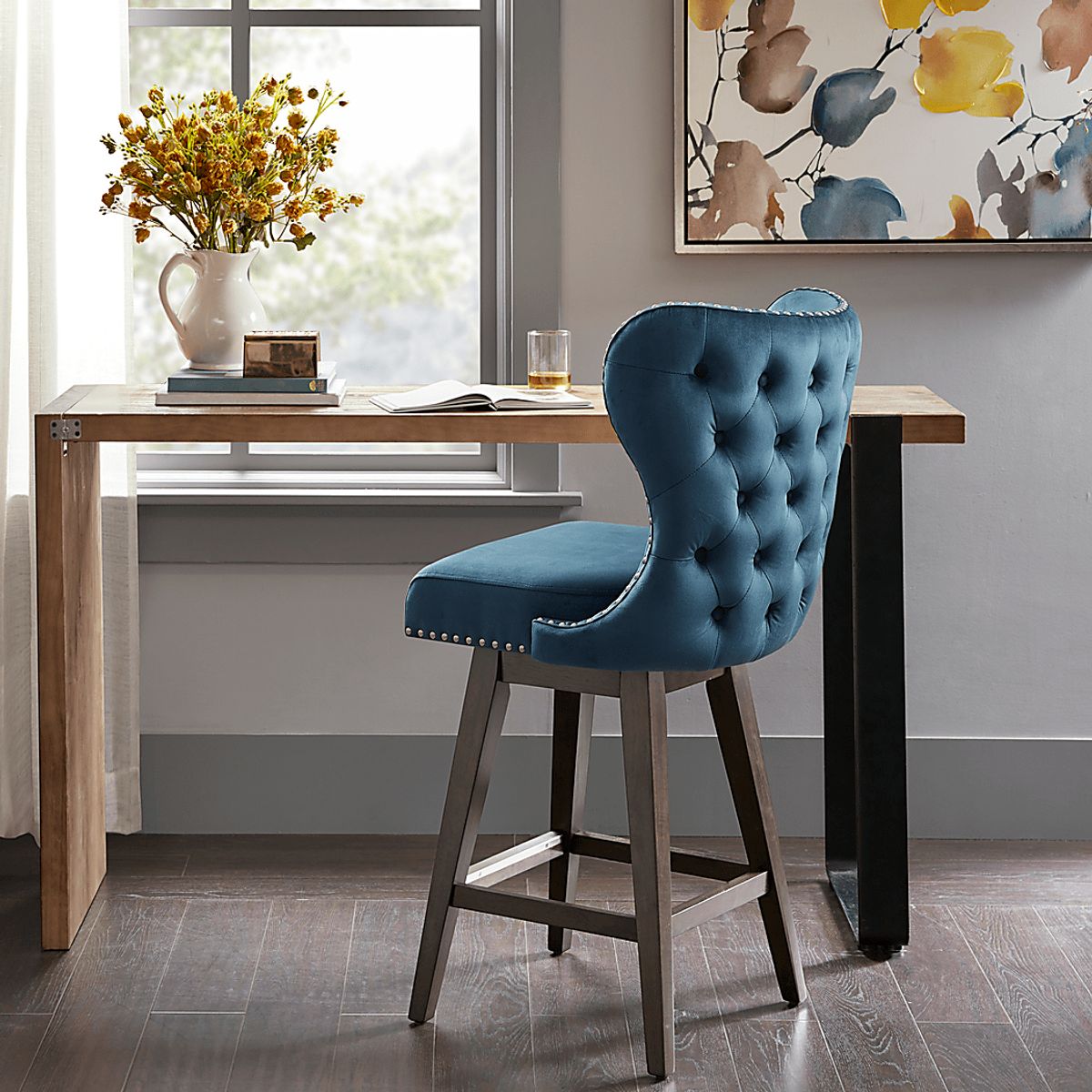 Krollton Brown Dark Wood Blue Swivel Barstool | Rooms to Go