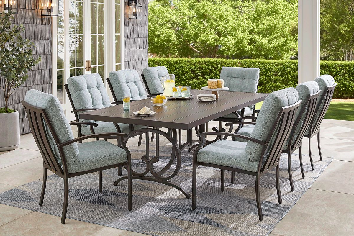 Lake Breeze 7 Pc Bronze Metal Mist Blue Aluminum Outdoor Dining Set ...