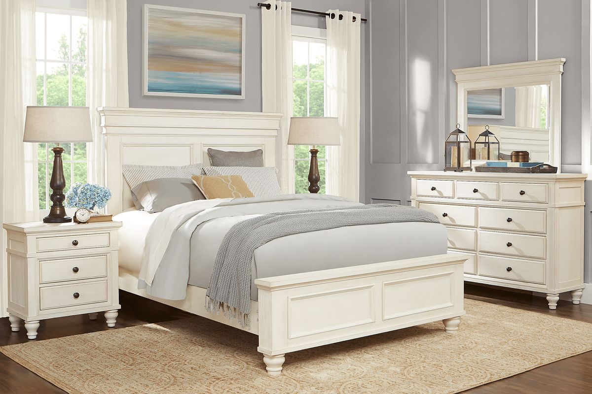 Lake Town 7 Pc Off-White Light Wood,White Queen Bedroom Set With Mirror, 3 Pc Queen Panel Bed ...
