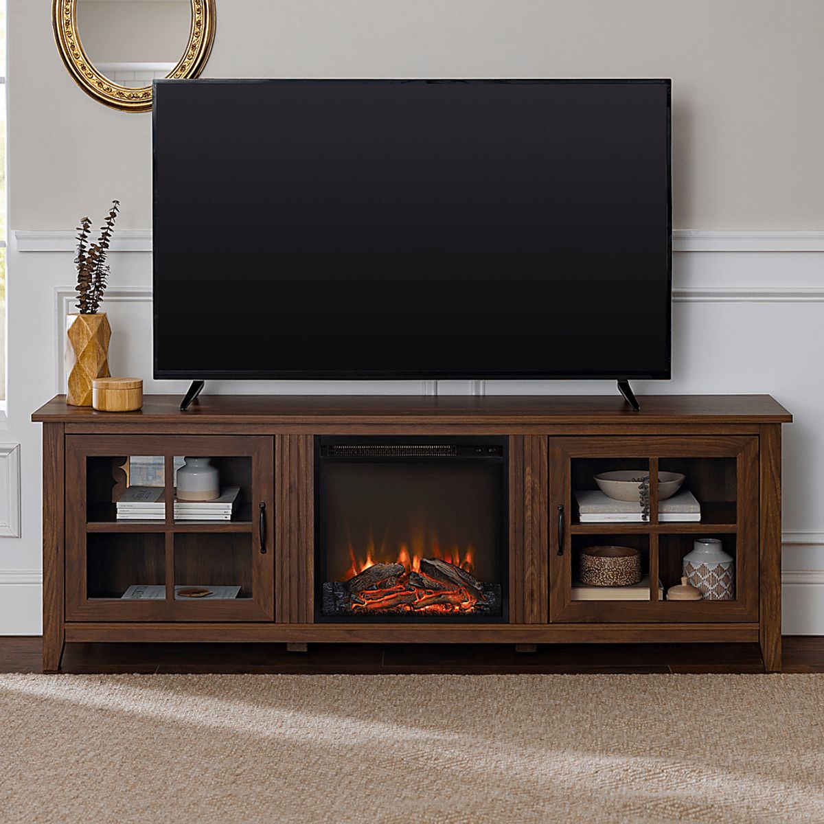 Lambdin Walnut Dark Wood 70 in. Console With Electric Fireplace | Rooms ...