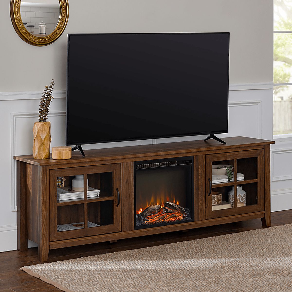 Lambdin Walnut Dark Wood 70 in. Console With Electric Fireplace | Rooms ...