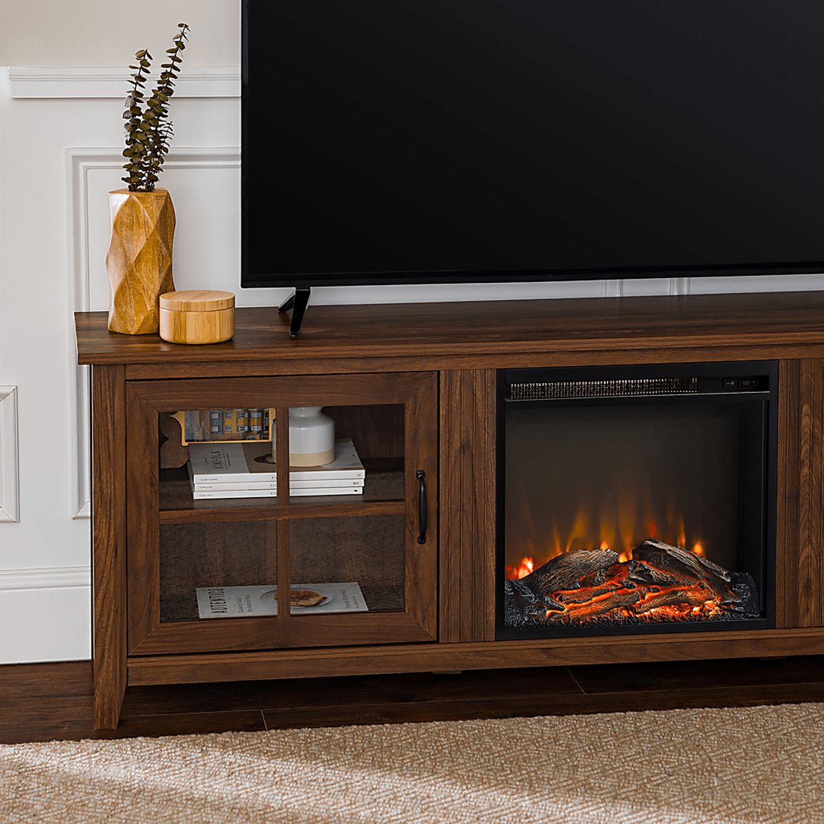 Lambdin Walnut Dark Wood 70 in. Console With Electric Fireplace | Rooms ...