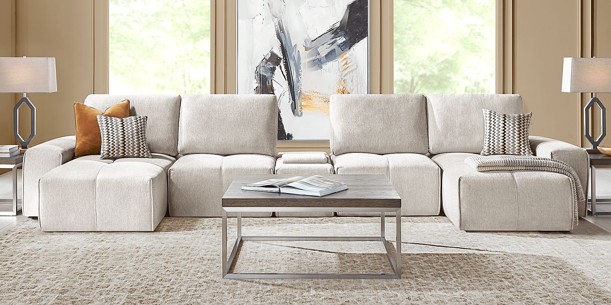Laney Beige Chenille Fabric 5 Pc With Double Chaise Sectional | Rooms to Go