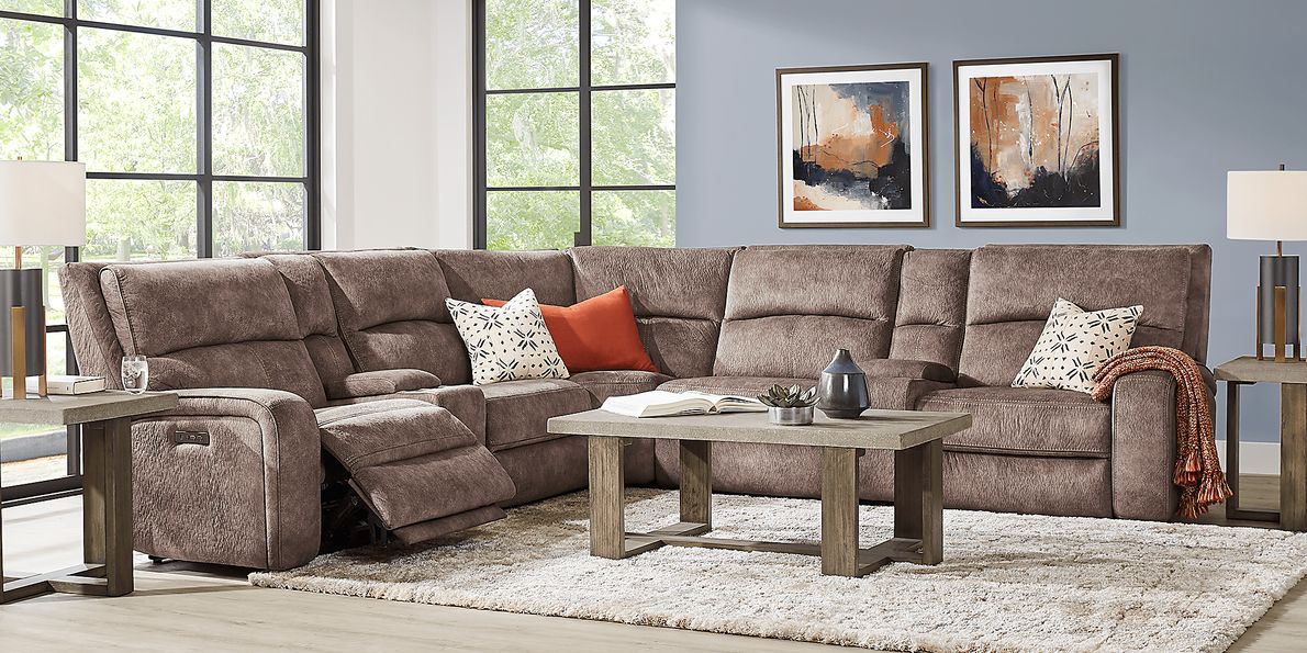 Leighton Brown Polyester Fabric 7 Pc Dual Power Reclining Sectional ...
