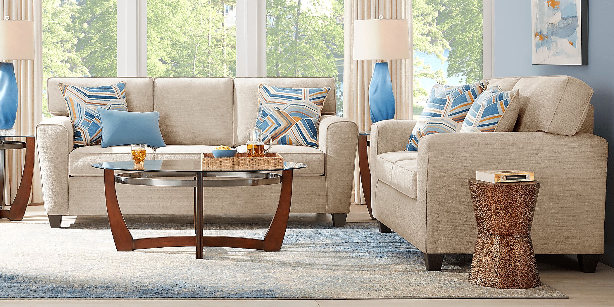 Lennon 7 Pc Beige Chenille Fabric Living Room Set With Sofa, Loveseat ...