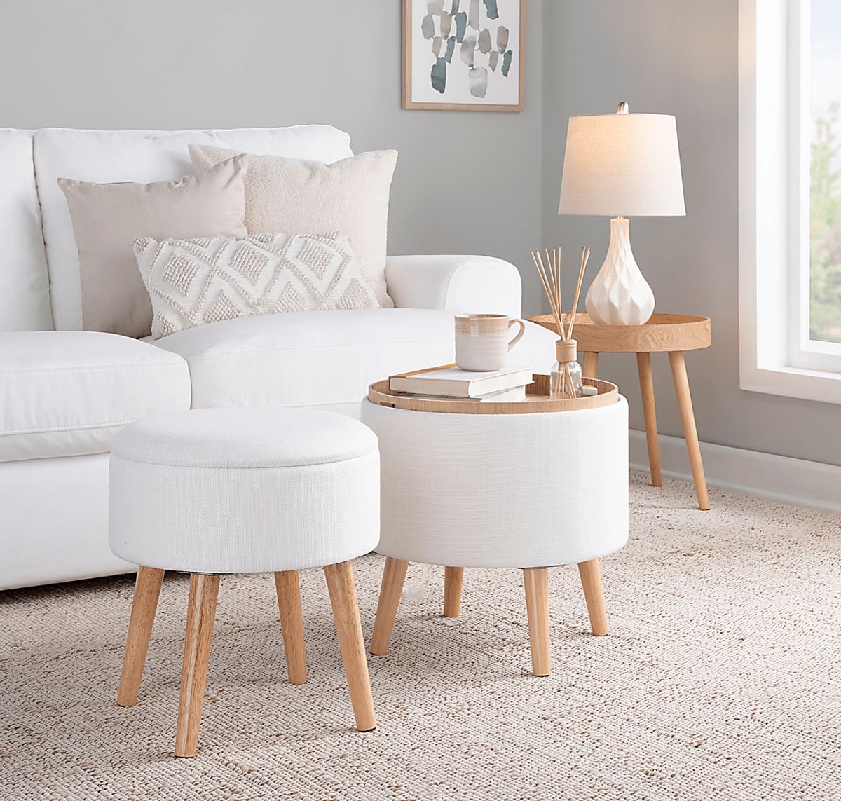 Leverde Cream Beige Polyester Fabric Ottoman, Set Of 2 | Rooms to Go