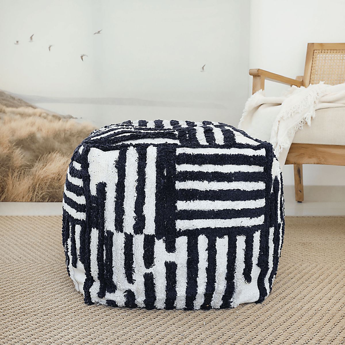 Lilanie Navy,White Blue,White Cotton Fabric Poufs | Rooms to Go