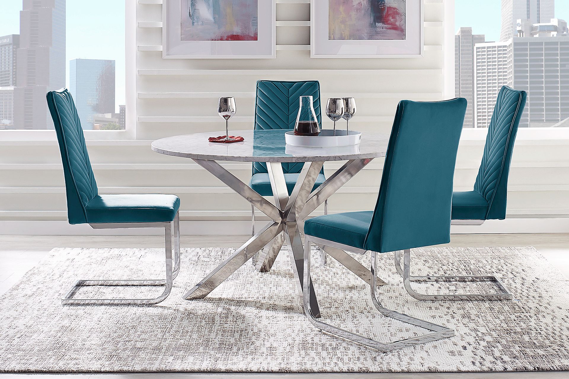 Linton Park 5 Pc Chrome Metal Blue Dining Room Set With Side Chair