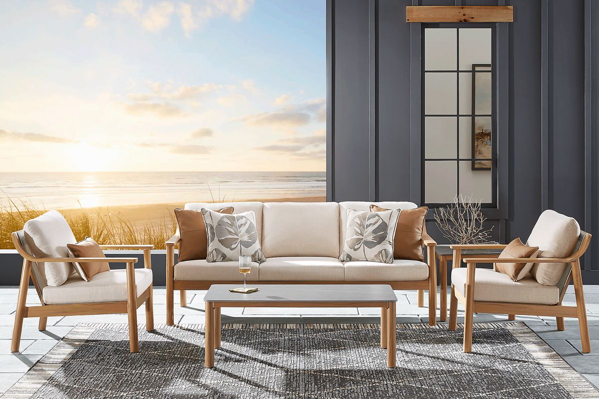 Logen Natural Light Wood Beige Aluminum Outdoor Seating Set With Sofa ...