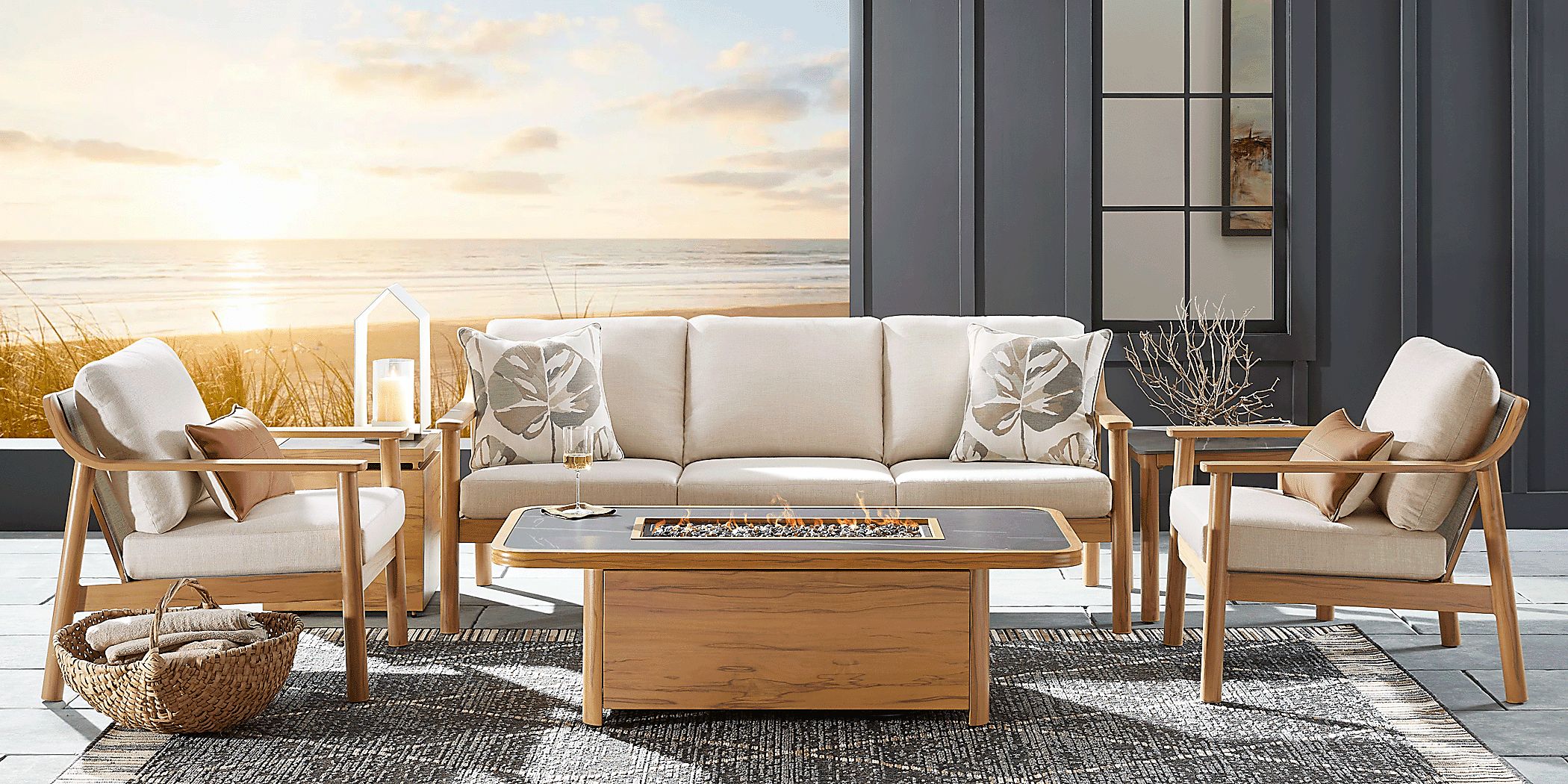 Logen Natural Light Wood Beige Aluminum Outdoor Seating Set With Sofa ...