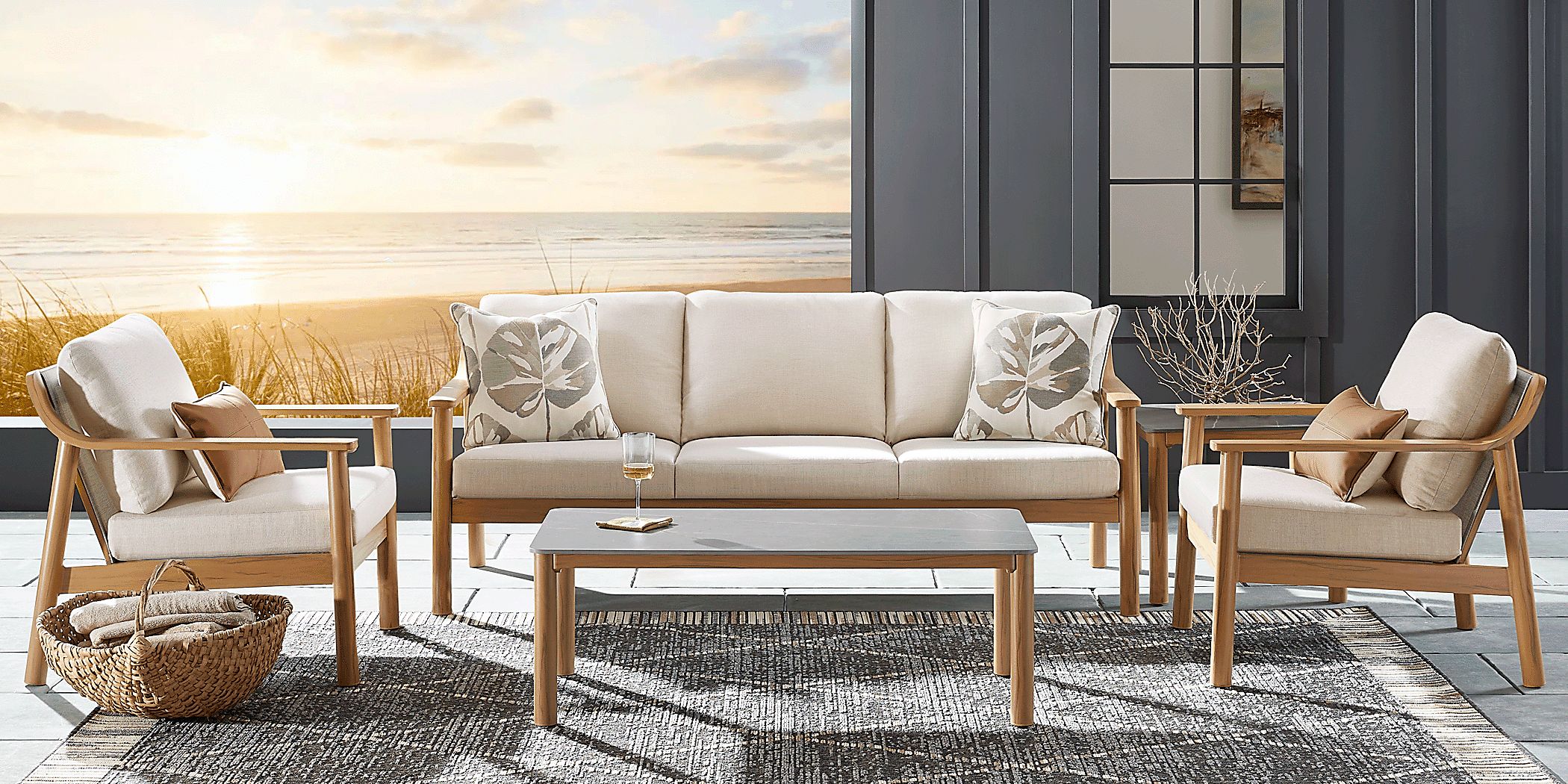 Logen Natural Light Wood Beige Aluminum Outdoor Seating Set With Sofa ...