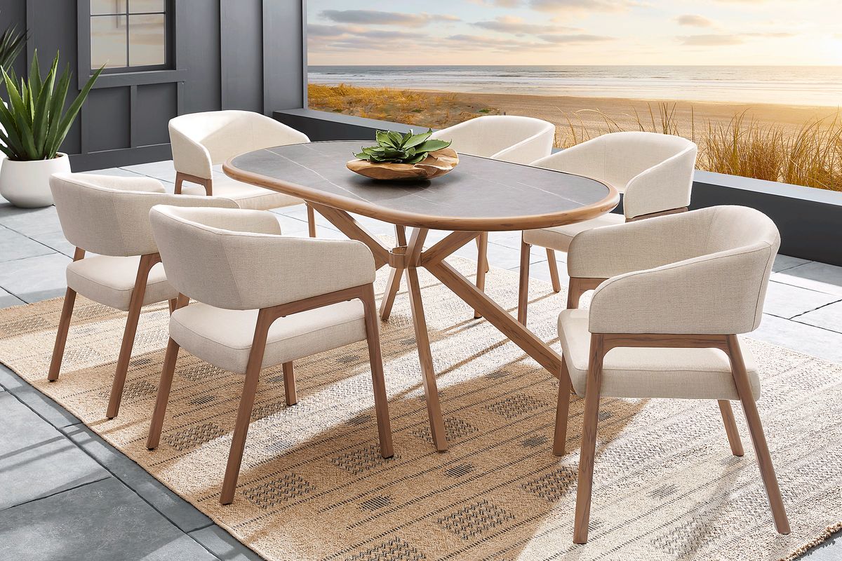 Logen 7 Pc Natural Light Wood Beige Aluminum Outdoor Dining Set With ...