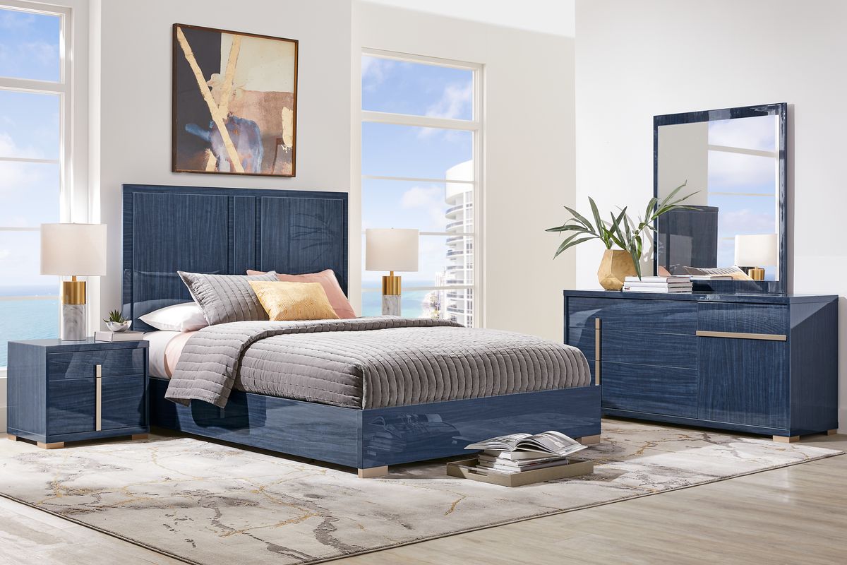 Luxe Point 5 Pc Blue Colors Queen Bedroom Set With 3 Pc Queen Panel Bed ...