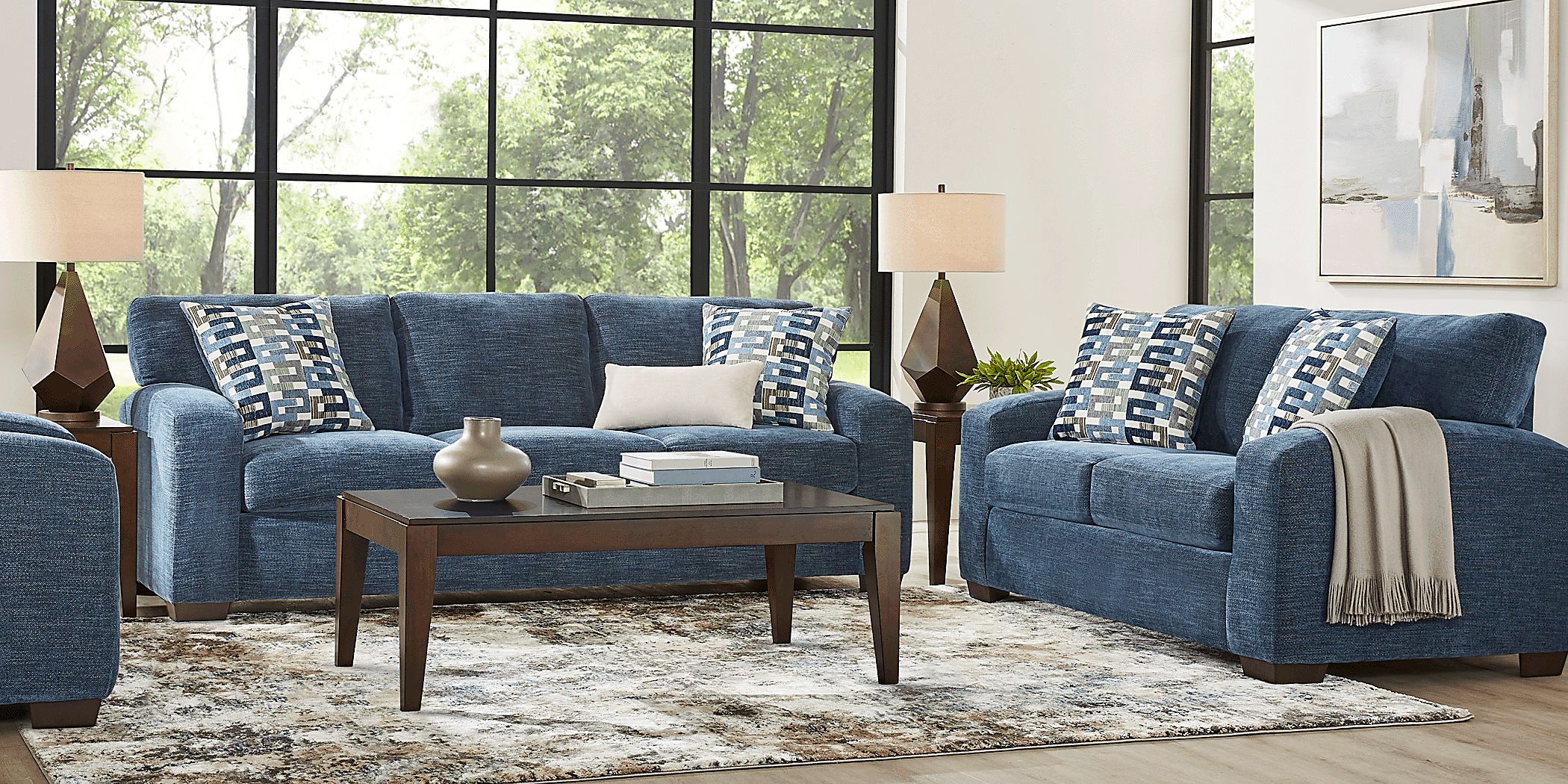 Lynwood 7 Pc Blue Woven Sleeper Living Room Set With Stationary ...