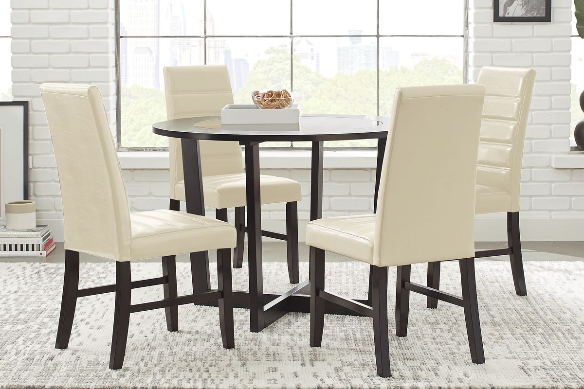 Mabry 5 Pc Espresso Dark Wood Cream Beige Dining Room Set With Dining ...