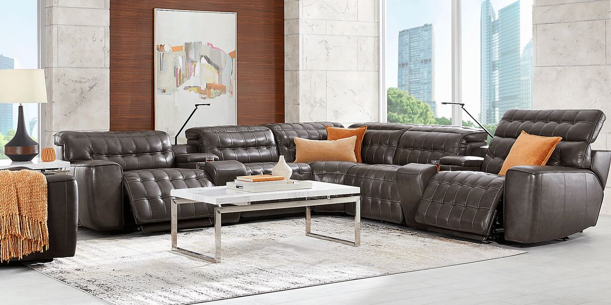 Maddox Manor Dark Gray Leather 7 Pc Dual Power Reclining Sectional ...