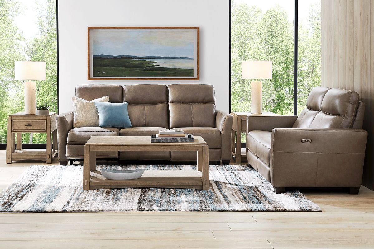 Maestro 2 Pc Mushroom Brown Leather Dual Power Reclining Living Room ...