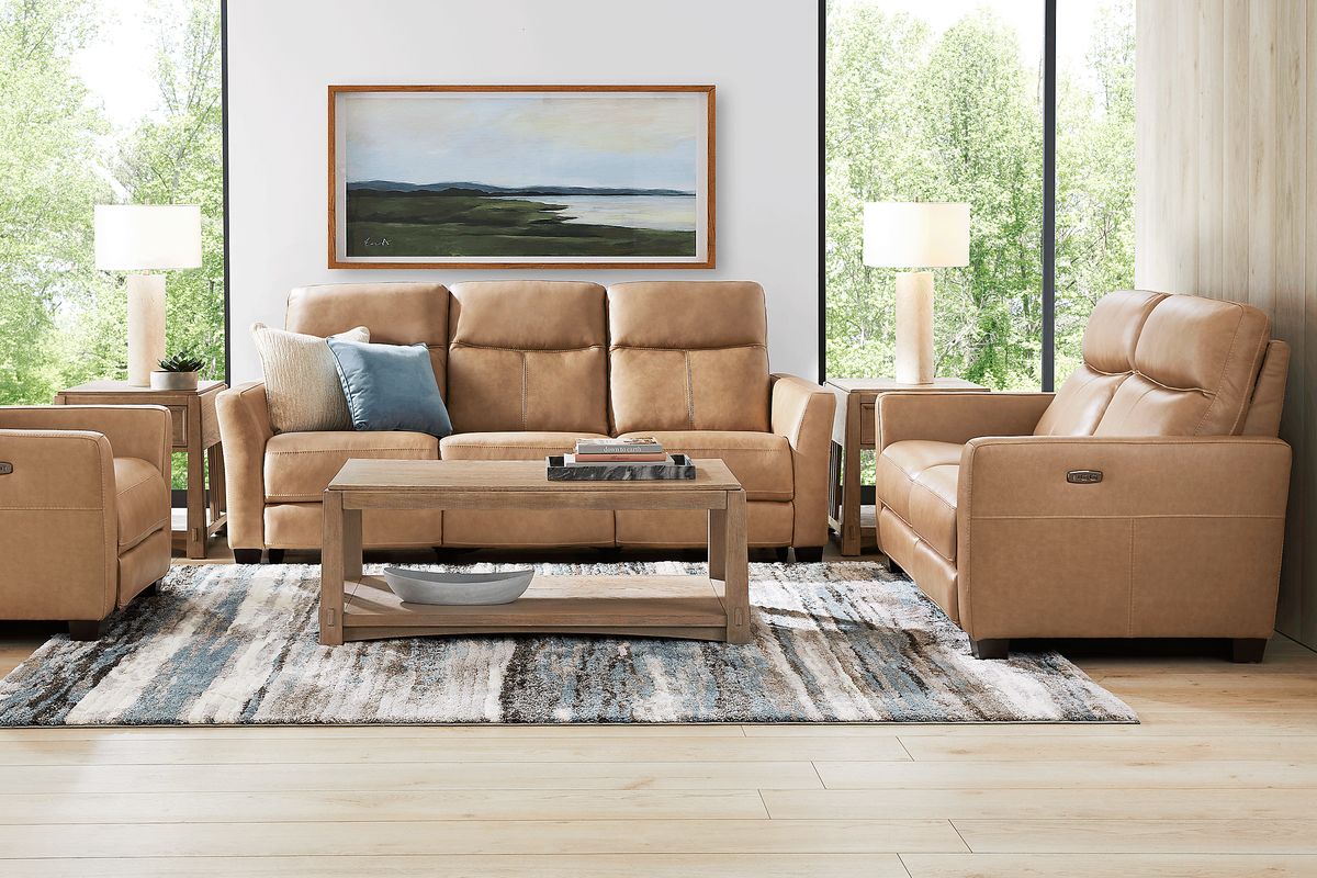 Maestro 6 Pc Sand Beige Leather Dual Power Reclining Living Room Set ...