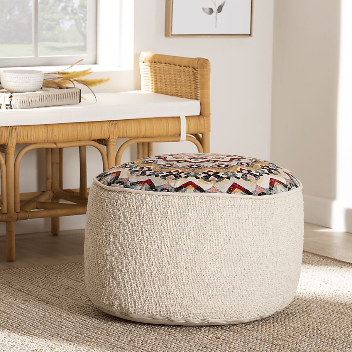 Magoun Cream Beige Cotton,Wool Fabric Pouf | Rooms to Go
