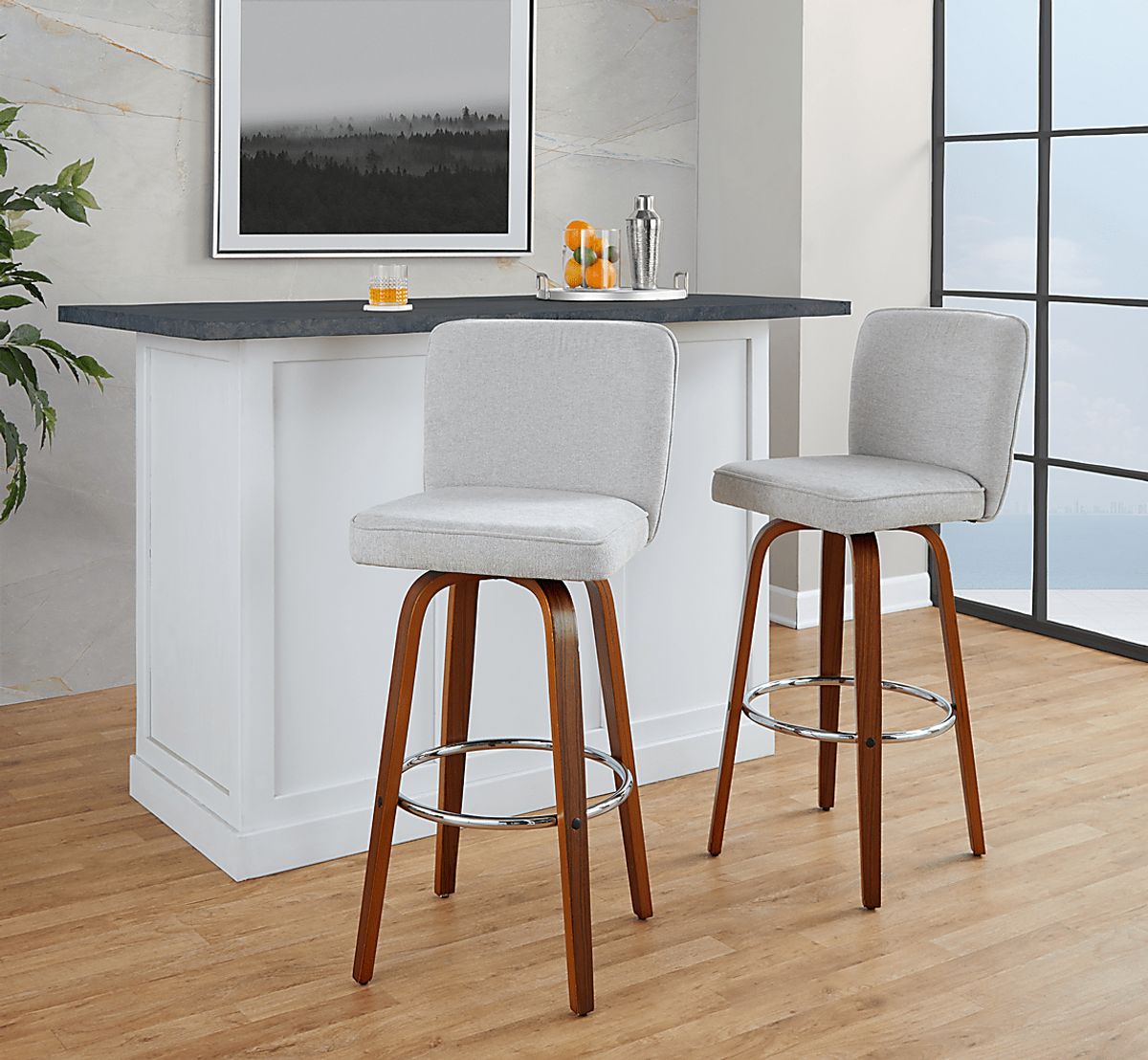 Marcei IV Walnut Dark Wood Beige Polyester Fabric Barstool, Set Of 2 ...