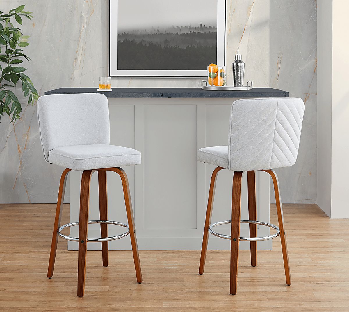 Marcei IV Walnut Dark Wood Beige Polyester Fabric Barstool, Set Of 2 ...