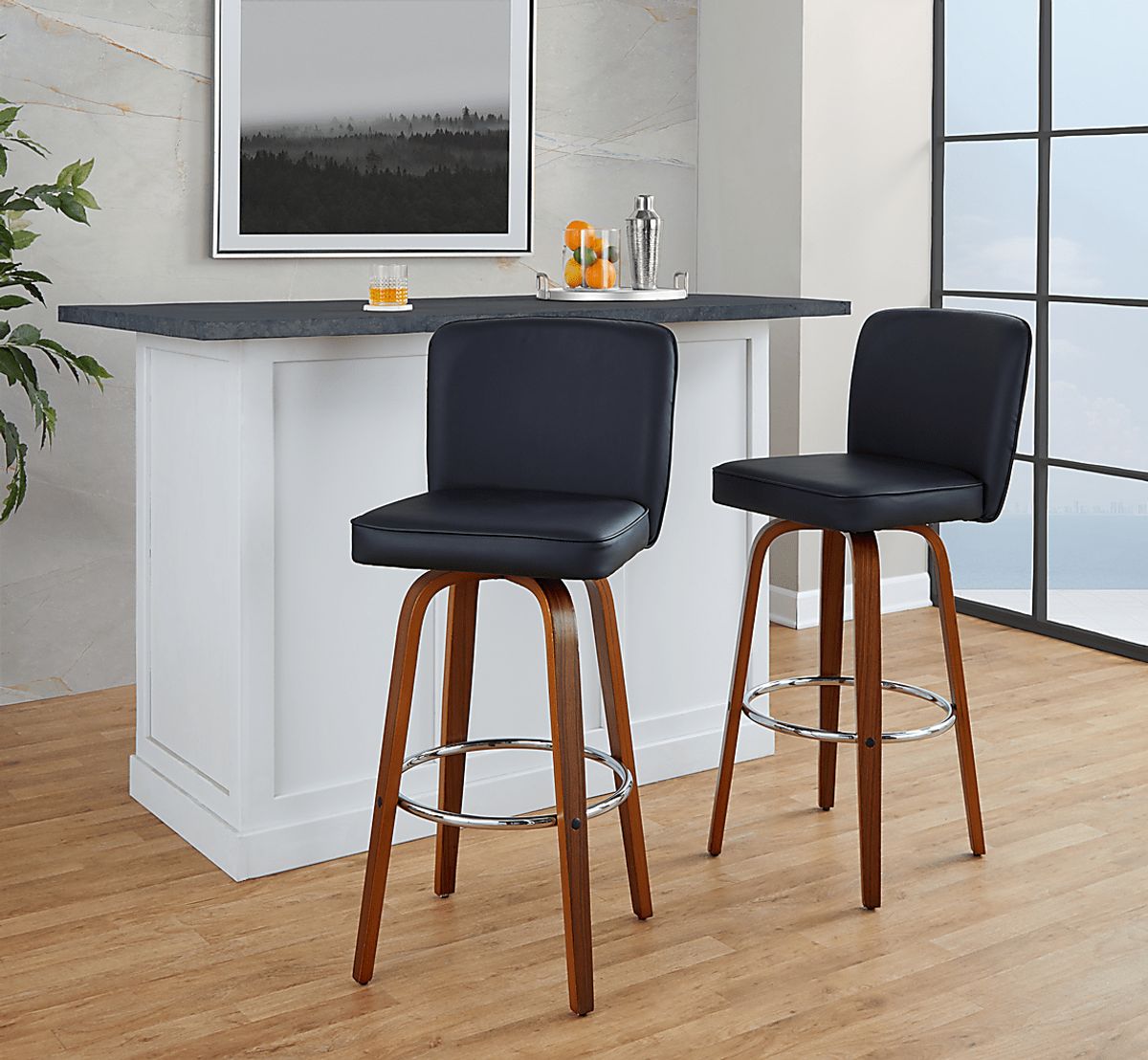 Marcei IV Walnut Dark Wood Black Polyurethane Fabric Barstool, Set Of 2 ...