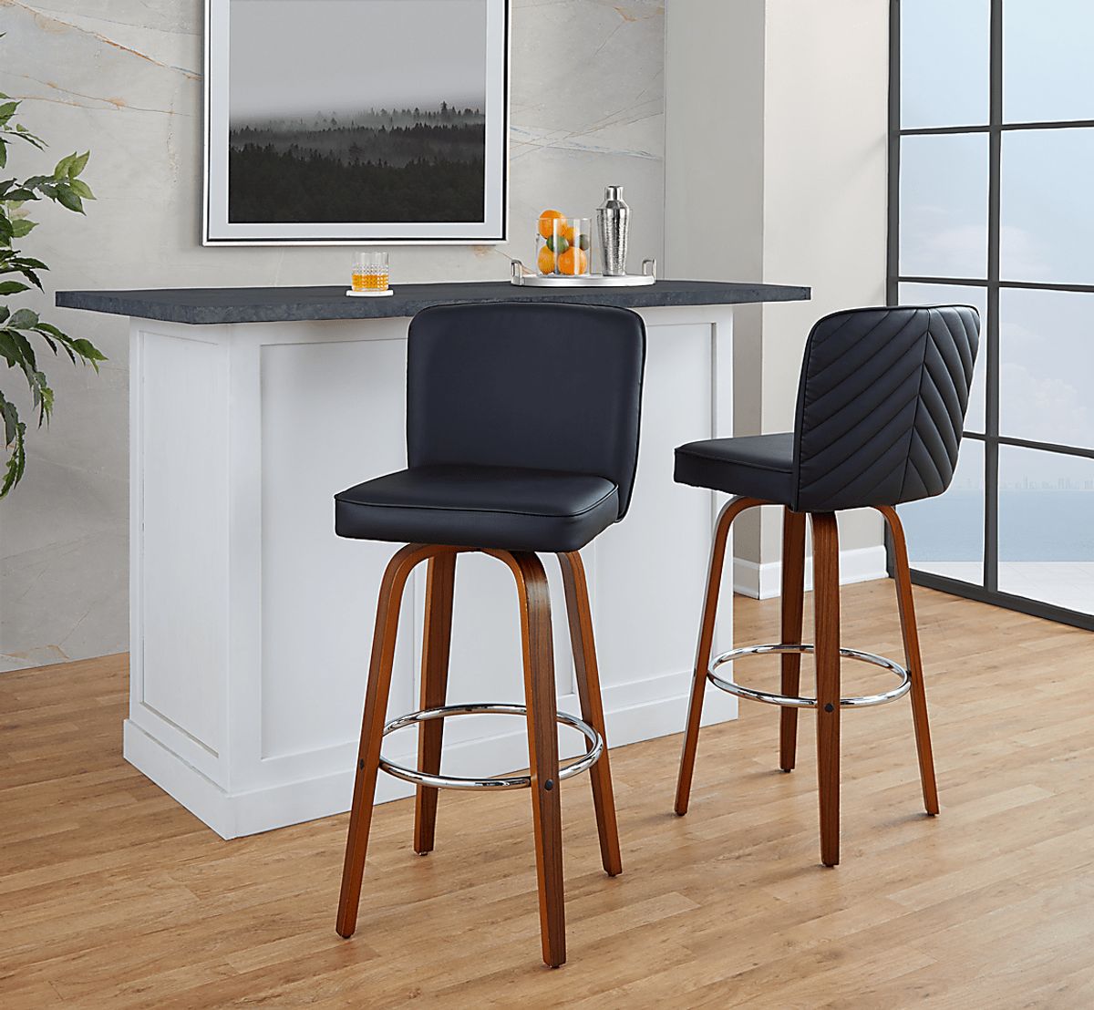 Marcei IV Walnut Dark Wood Black Polyurethane Fabric Barstool, Set Of 2 ...