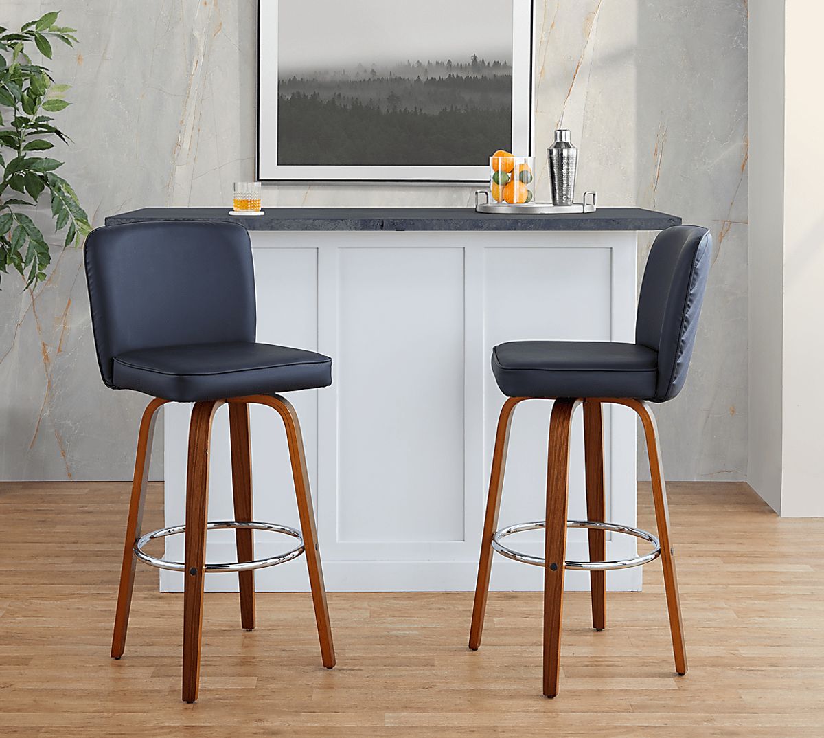 Marcei IV Walnut Dark Wood Black Polyurethane Fabric Barstool, Set Of 2 ...