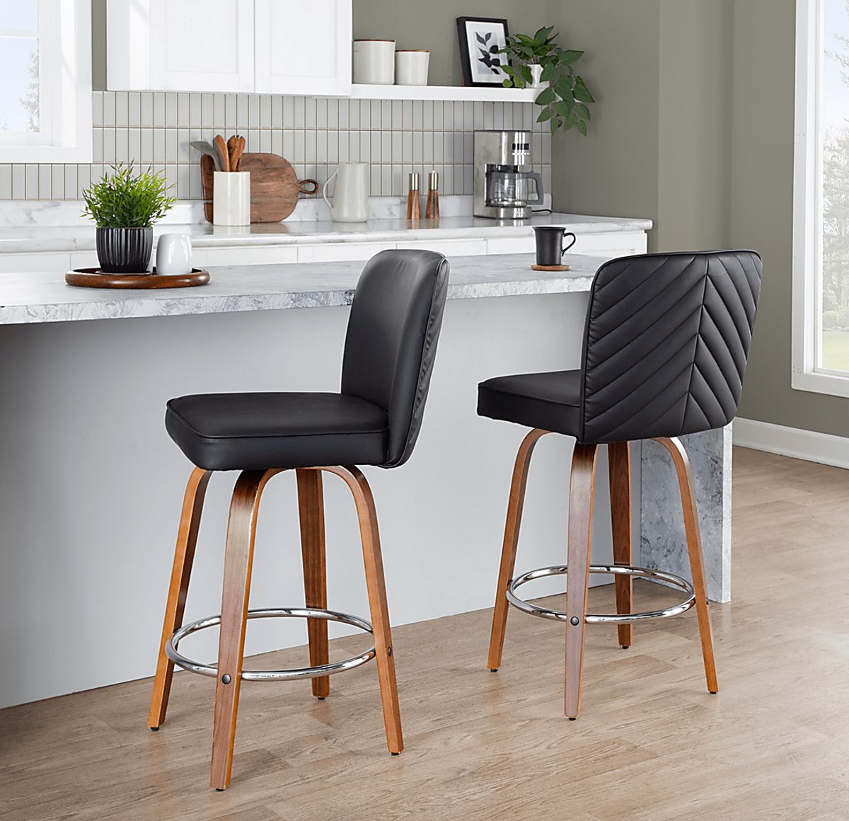 Marcei IV Walnut Dark Wood Black Polyurethane Fabric Counter Height ...