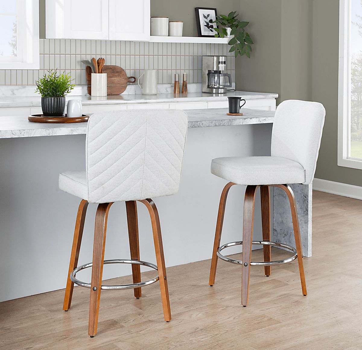 Marcei IV Walnut Dark Wood White Polyester Fabric Counter Height Stool ...