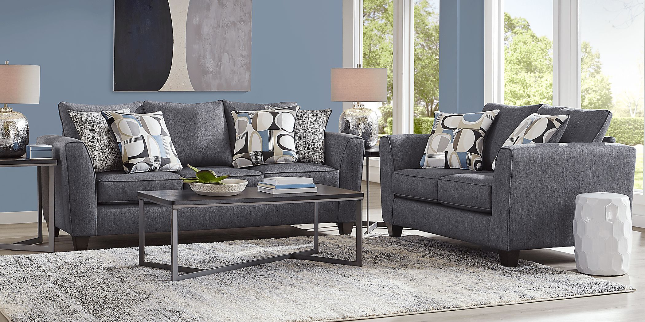 Marisol Bay 2 Pc Denim Blue Woven Living Room Set With Sofa, Loveseat ...