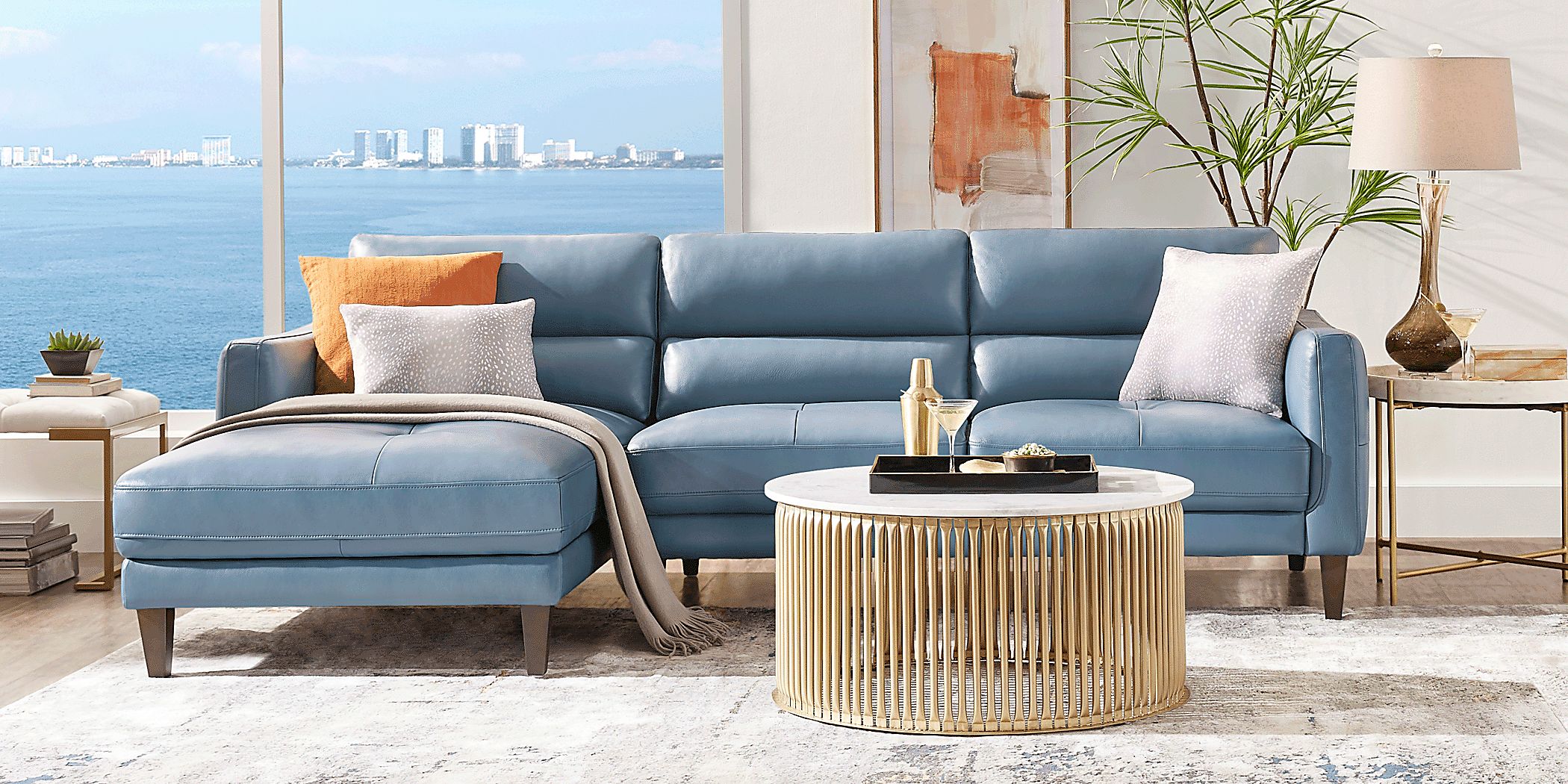 Marotta Ocean Blue Leather 2 Pc Left Arm Chaise Sectional | Rooms to Go