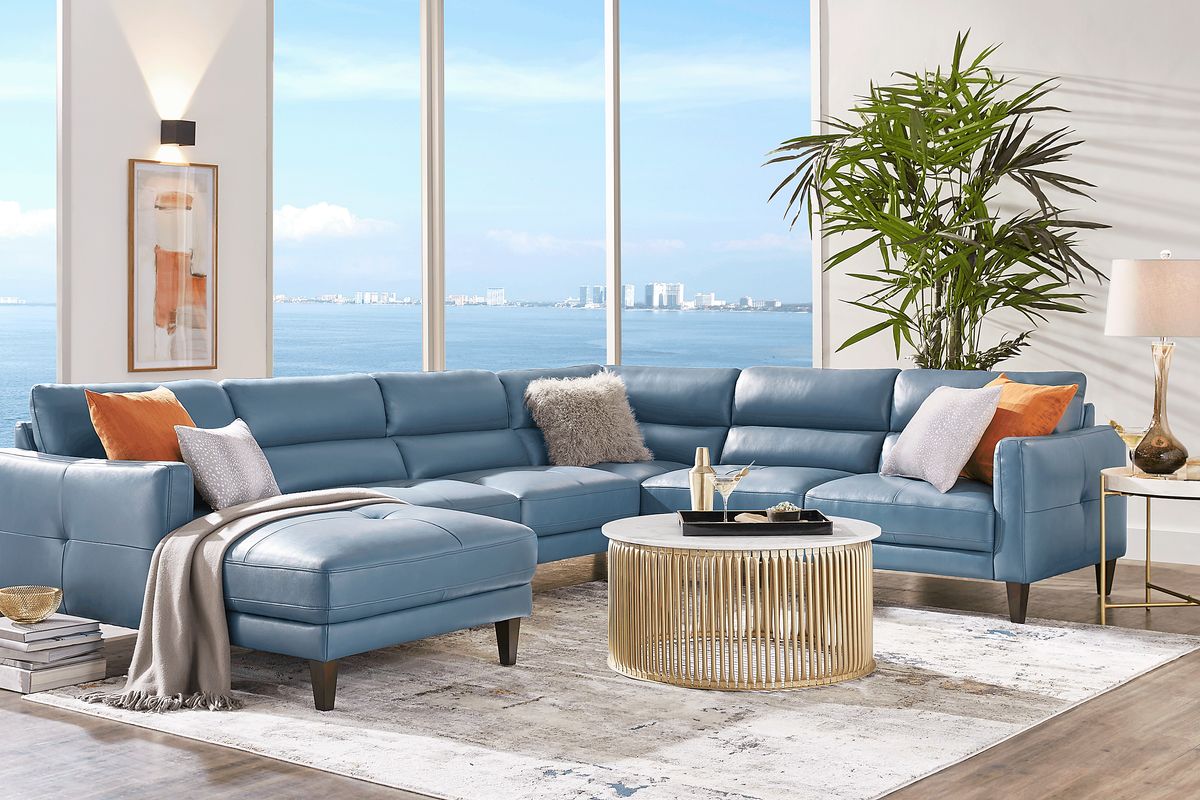 Marotta 7 Pc Ocean Blue Leather Living Room Set With 4 Pc Left Arm ...