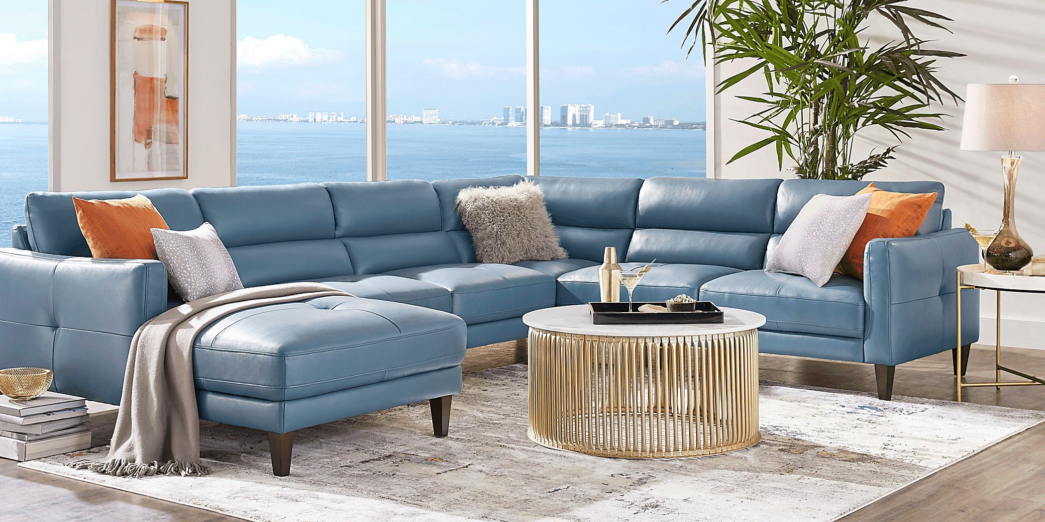Marotta 7 Pc Ocean Blue Leather Living Room Set With 4 Pc Left Arm ...