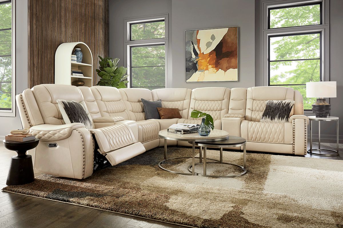 Drew & Jonathan Marquee 10 Pc Cream Beige Leather Triple Power Reclining Sectional Living Room ...