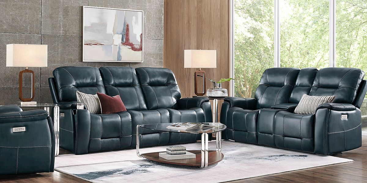 Matthews Cove Blue Leather Triple Power Reclining Sofa | Rooms to Go