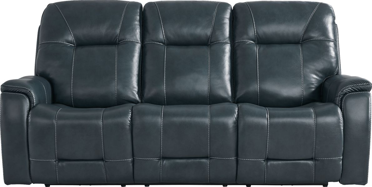 Matthews Cove Blue Leather Triple Power Reclining Sofa - Rooms To Go