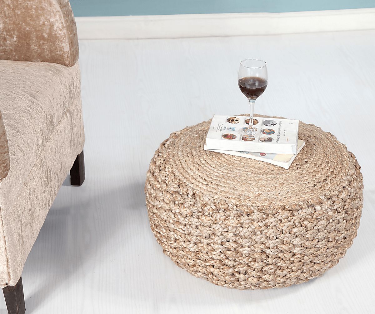 Mekyla Natural Beige,White Jute Fabric Poufs | Rooms to Go