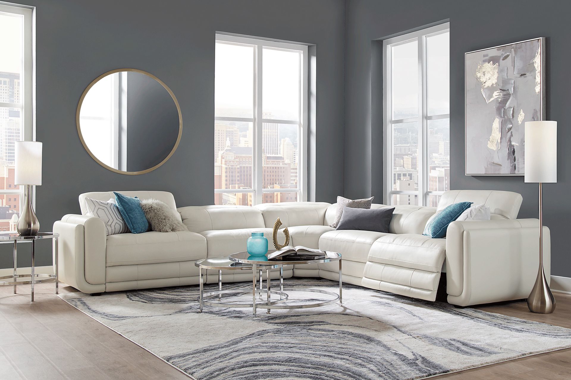 Drew Jonathan Meridien Ice White Leather 5 Pc Dual Power Reclining Sectional Rooms to Go