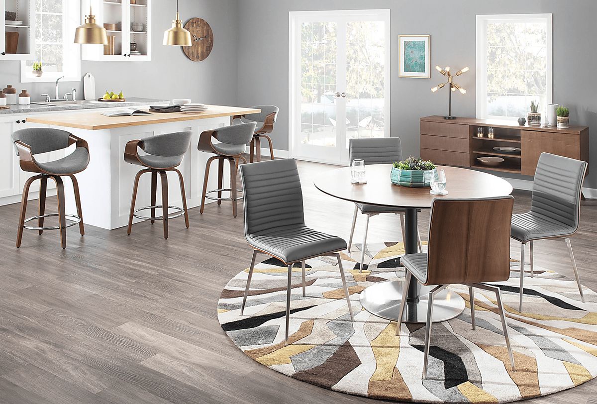 Mermod Walnut Dark Wood Gray Polyester Fabric Swivel Counter Height ...