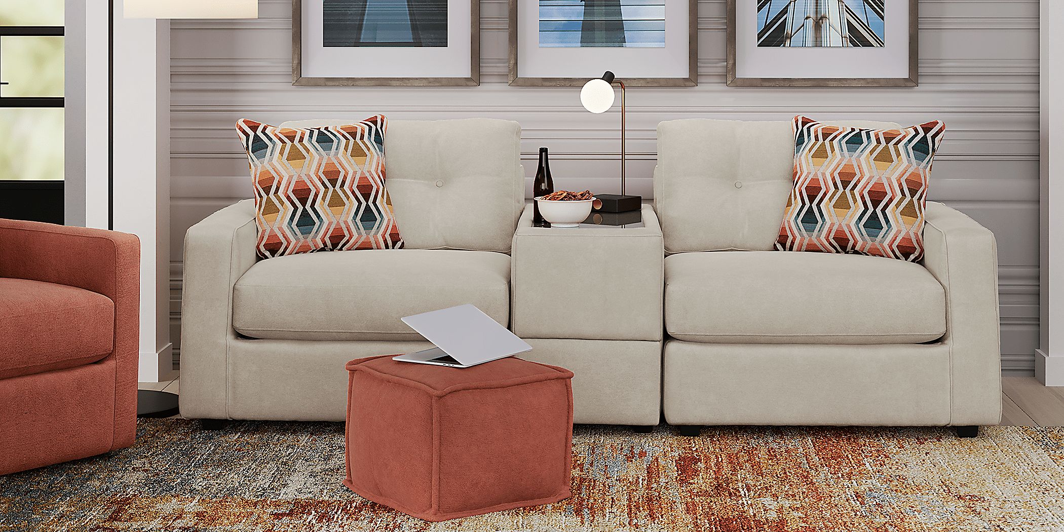 Drew & Jonathan Modularone Beige Chenille Fabric 3pc 3 Pc Modular ...