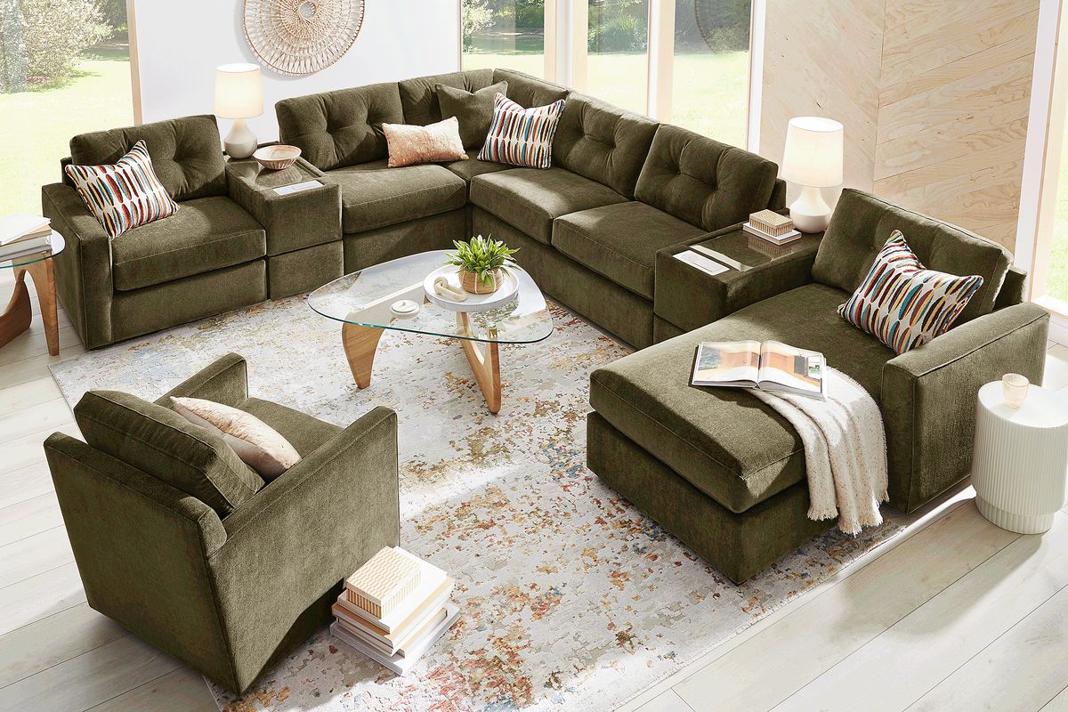 Drew & Jonathan Modularone Moss Green Chenille Fabric 7 Pcmedia Chaise ...