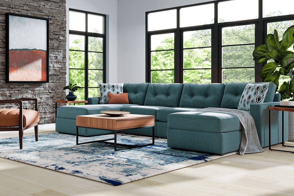 Drew & Jonathan Modularone Teal Blue,Green Chenille Fabric 4 Pcchaise ...