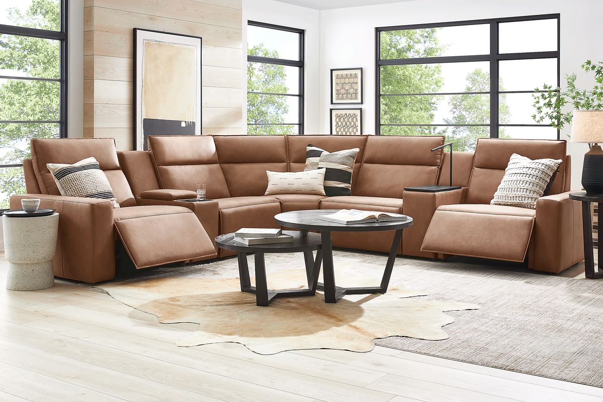 Modulartwo Saddle Brown Microfiber 7 Pc Dual Power Reclining Sectional ...