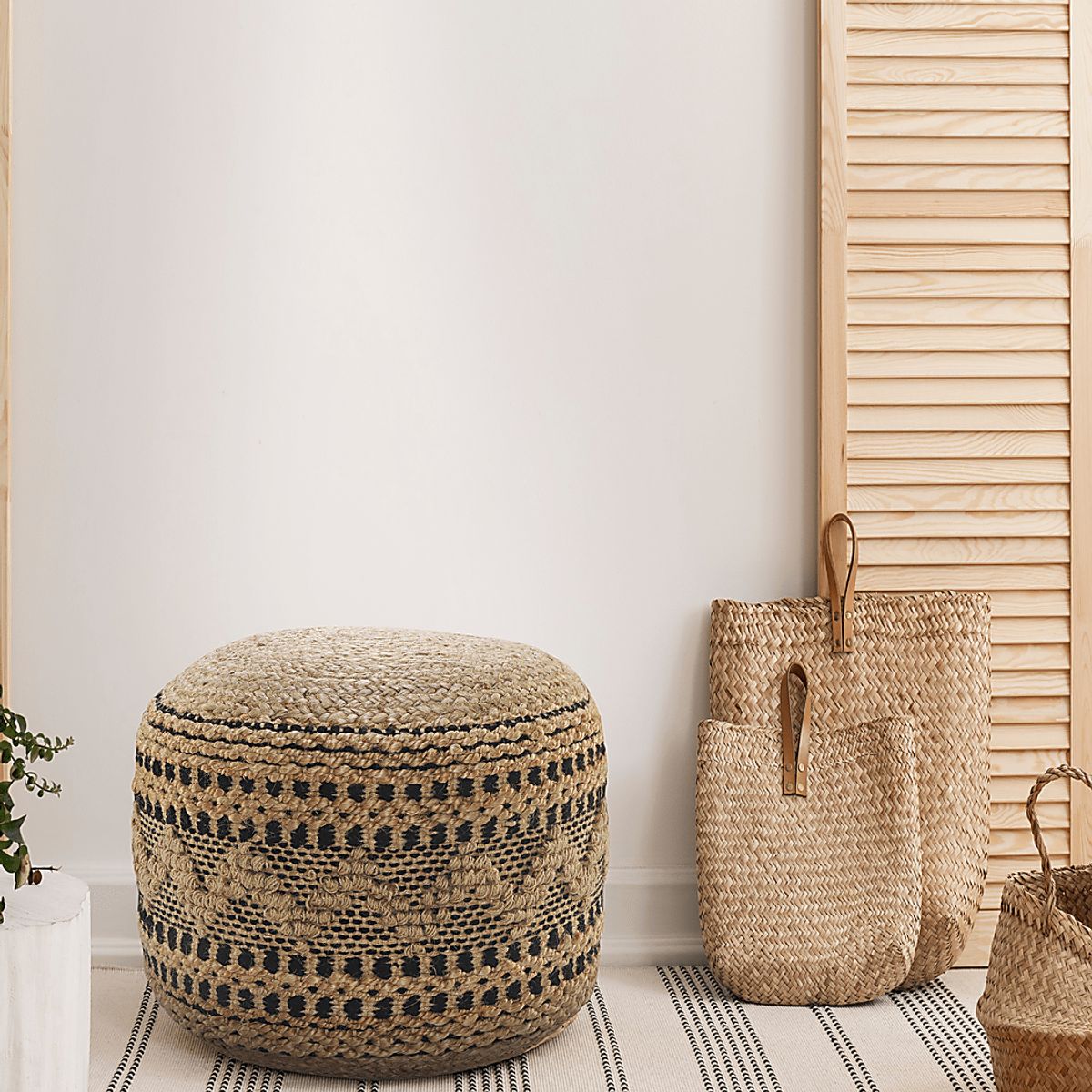 Mokov Natural Beige,White Cotton,Jute Fabric Poufs | Rooms to Go
