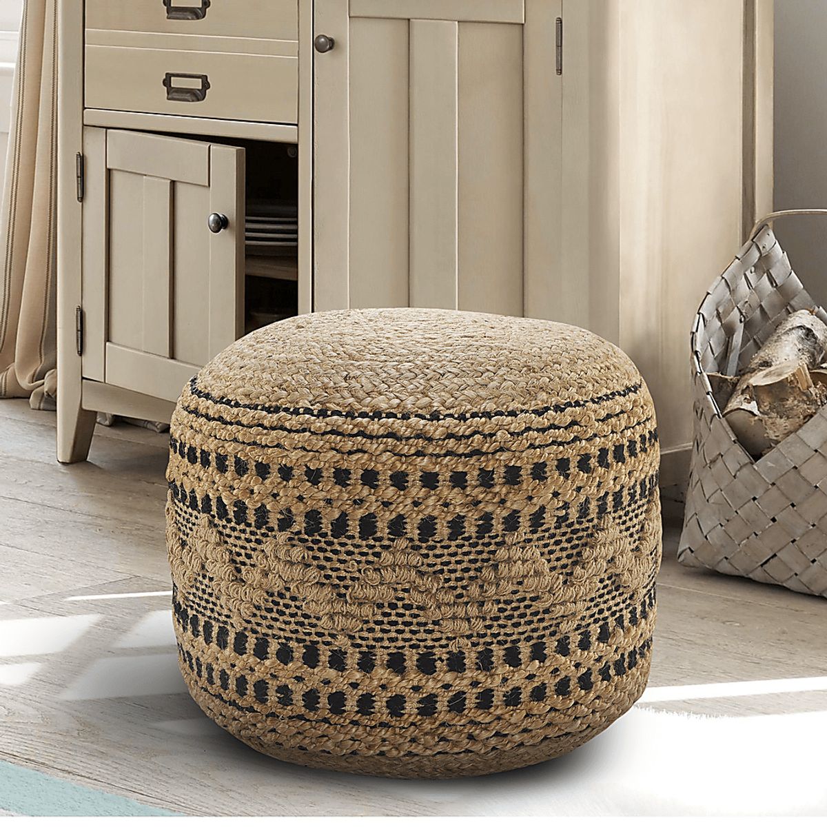 Mokov Natural Beige,White Cotton,Jute Fabric Poufs | Rooms to Go