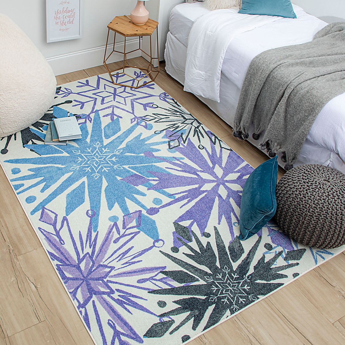 Disney Montage Of Snowflakes Blue,Multi,White Rug | Rooms to Go
