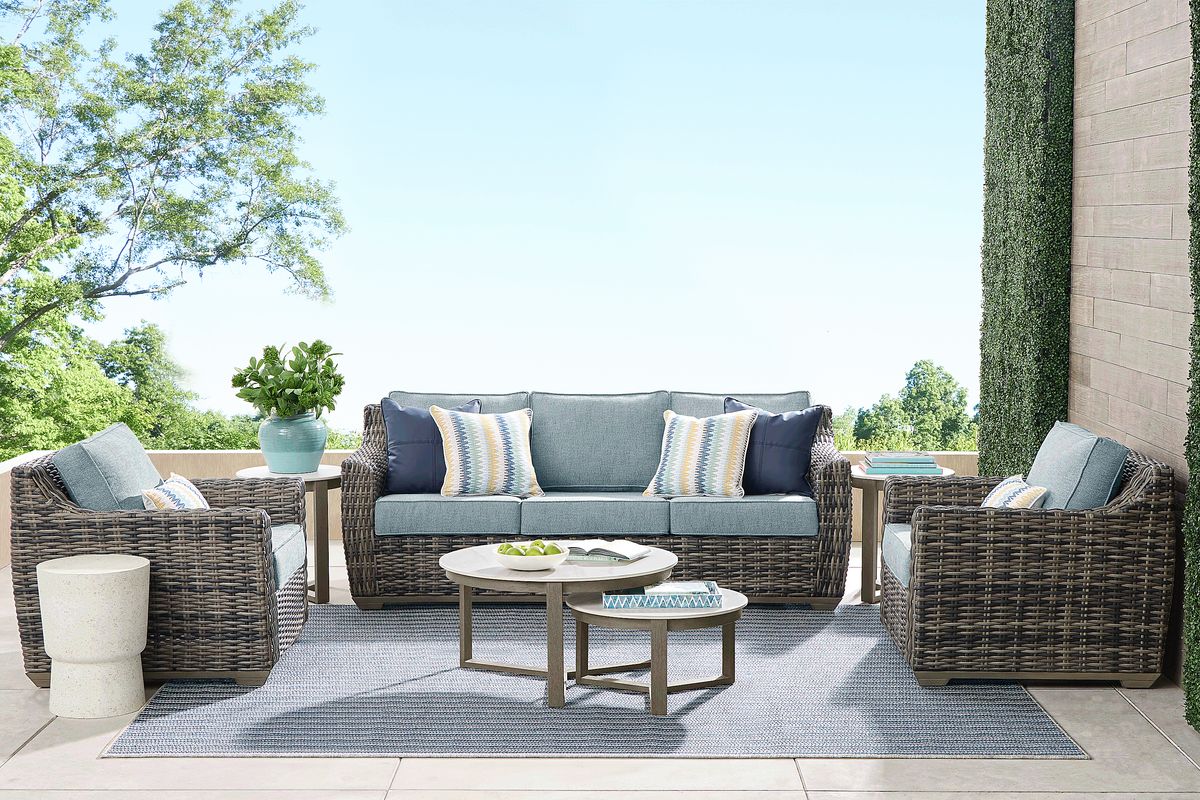 Cindy Crawford Montecello Gray Azure Blue Wicker Outdoor Sofa | Rooms to Go