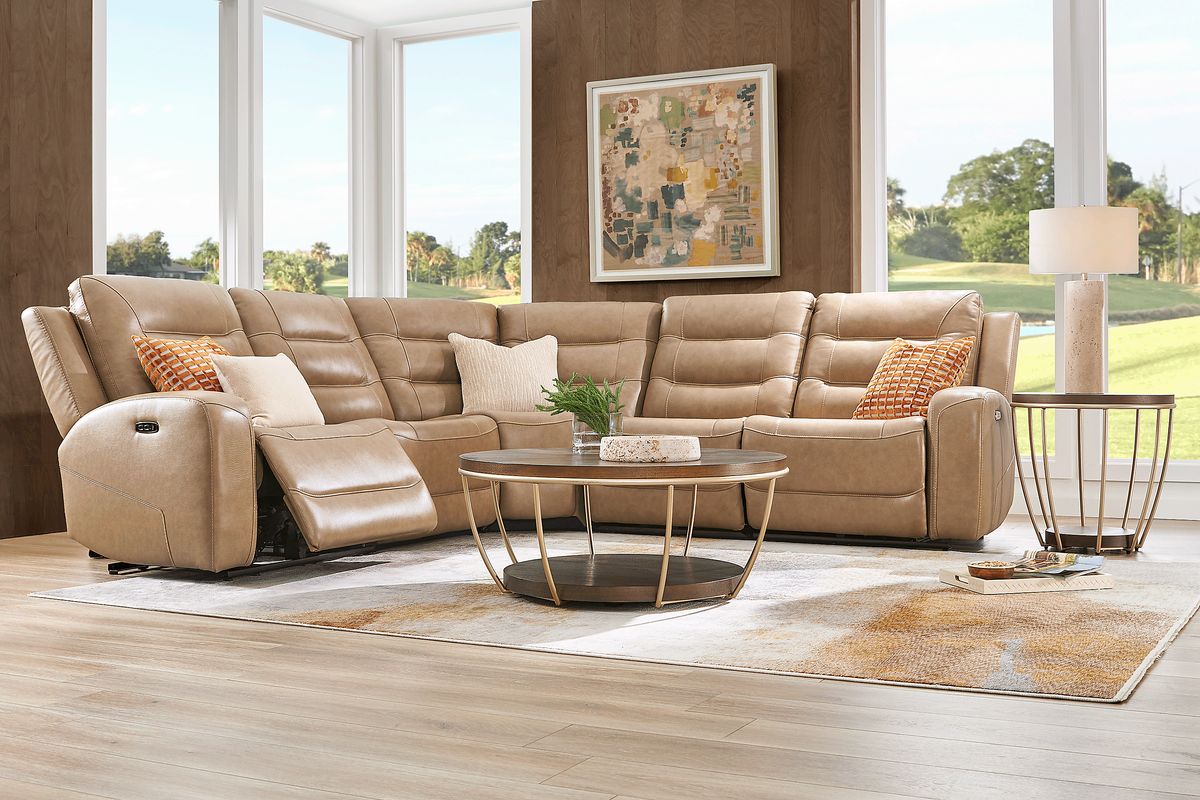 Montero Sand Beige Leather 5 Pc Dual Power Reclining Sectional | Rooms ...